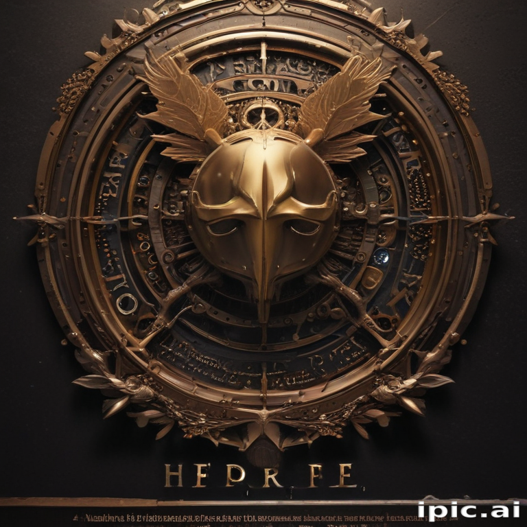 Intricate Golden Shield Medallion with Wings and Celestial Symbols