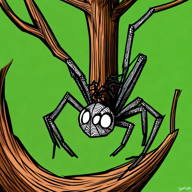 spider crawling up a tree, cartoon style