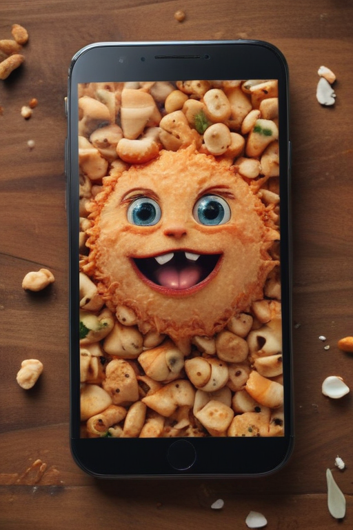 Whimsical Snack Character Surrounded by Crunchy Treats on a Phone Display