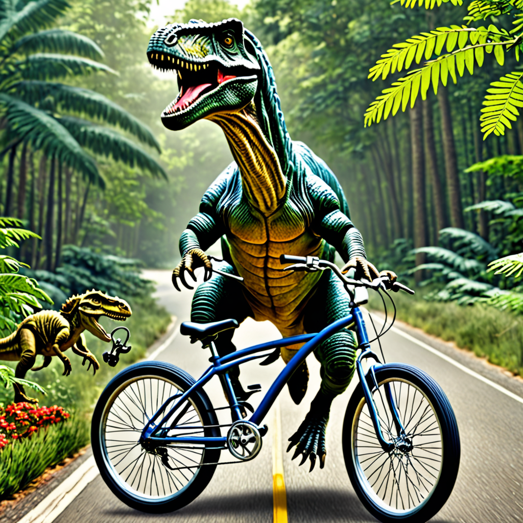 Hyper realistic photo dinosaur riding a bike with jesus