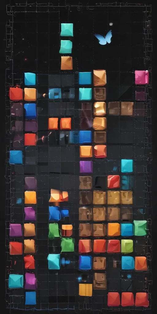 Colorful Tetris-Inspired Blocks Forming a Vibrant Mosaic with a Butterfly