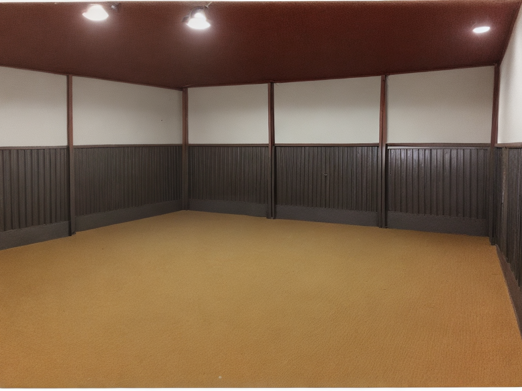 Stable interior with empty stalls. View of the stalls. Evening.