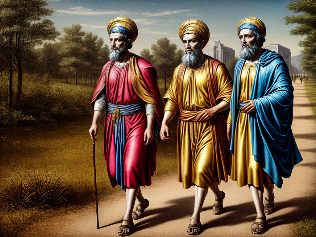 2 men, Abraham walking with biblical god, filter gold