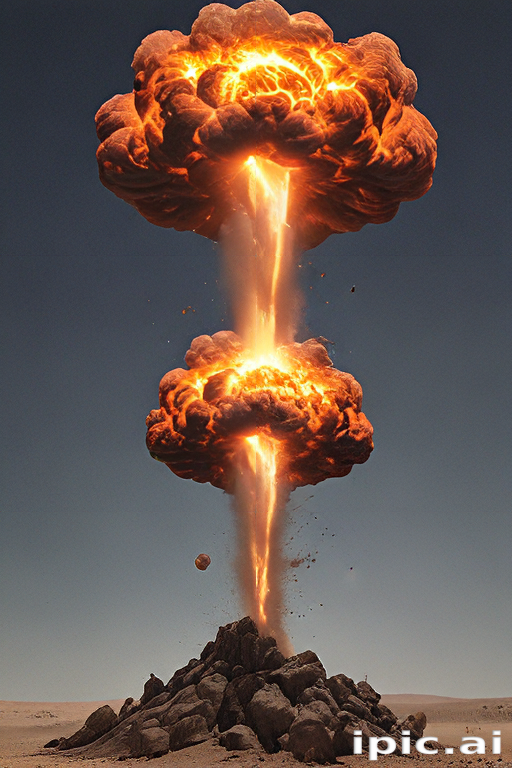 A Dramatic Explosion Erupts from a Rocky Landscape Under Clear Skies
