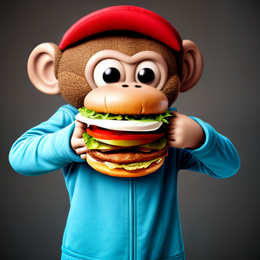Monkey in outfit holding a hamburger, showing the hamburger,