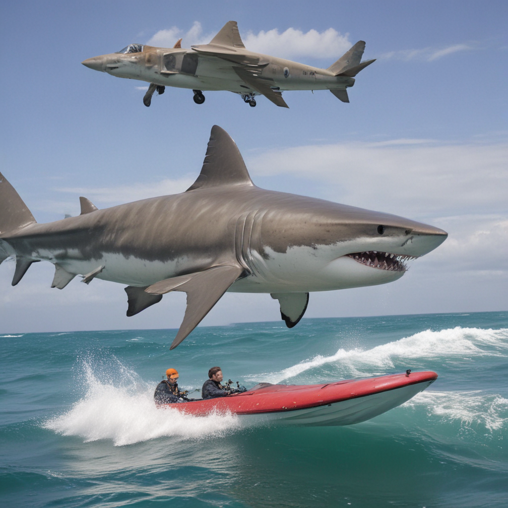 Man surfing on shark and escaping military jets and tanks