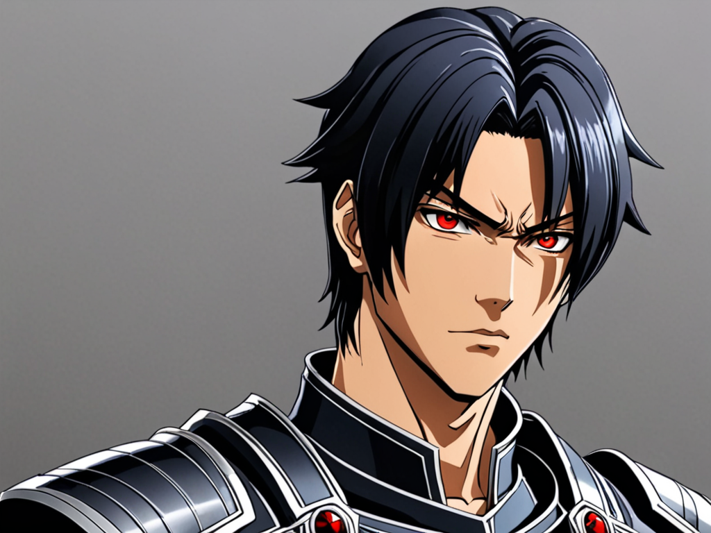 make a black hair anime caracter, with red eyes, black armor, and a ...