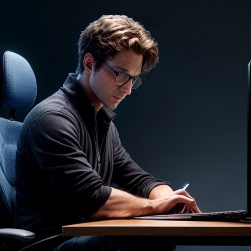 a cyber geek programmer coding on a high-tech work desk, dark, 4k ...