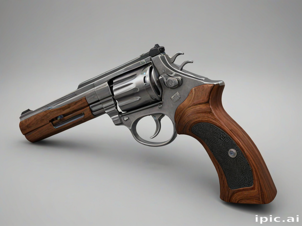 A Detailed Close-Up View of an Elegant Revolver with Wooden Grip.