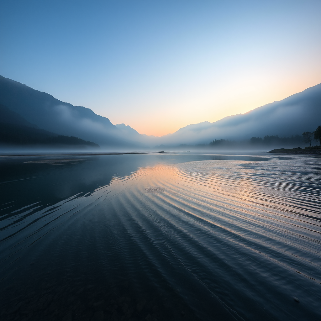 Tranquil Morning Reflections on a Misty Lake Surrounded by Mountains