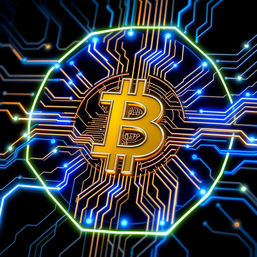 Illuminated Bitcoin Symbol Featuring Circuitry Design and Digital ...