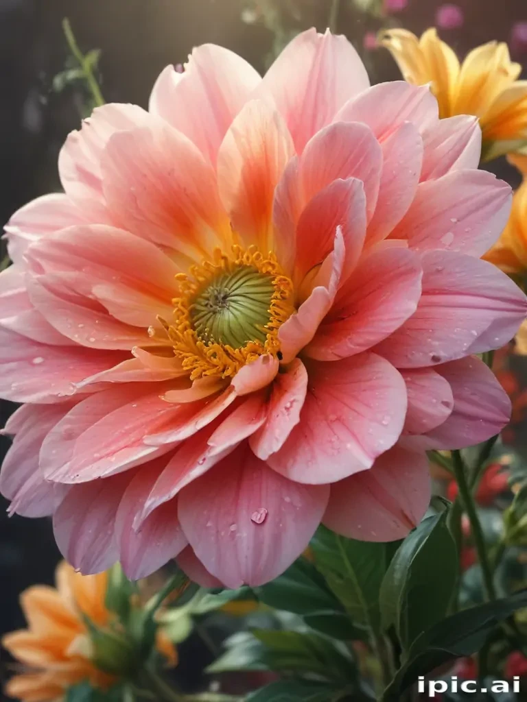 Delicate Pink Flower with Dew Drops in a Vibrant Garden Setting