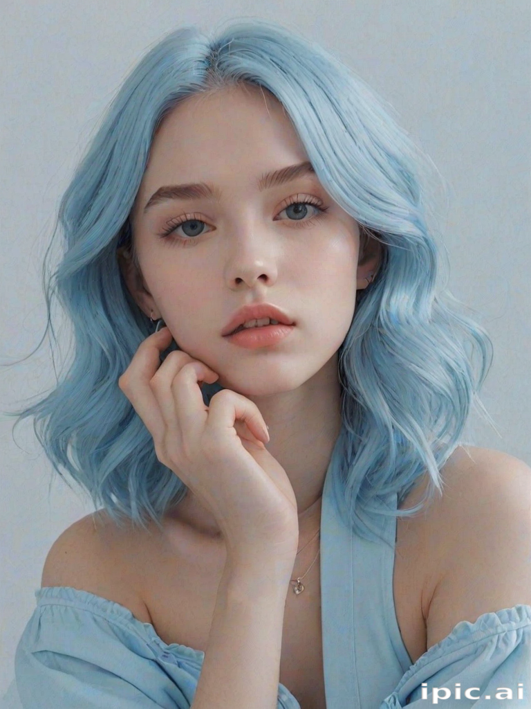 Portrait of a Young Woman with Soft Waves and Light Blue Hair