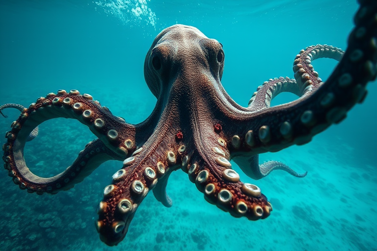 Majestic Underwater Encounter with a Curious and Colorful Octopus