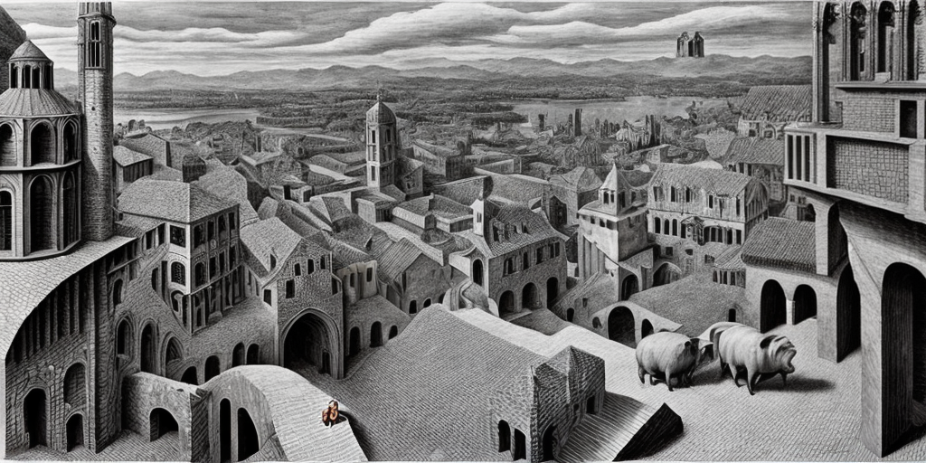 Escher steps leading up a medieval city with pigs flying, optic art