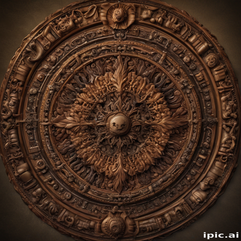 Intricate Wooden Shield Featuring Elaborate Carvings and Ornate Designs.