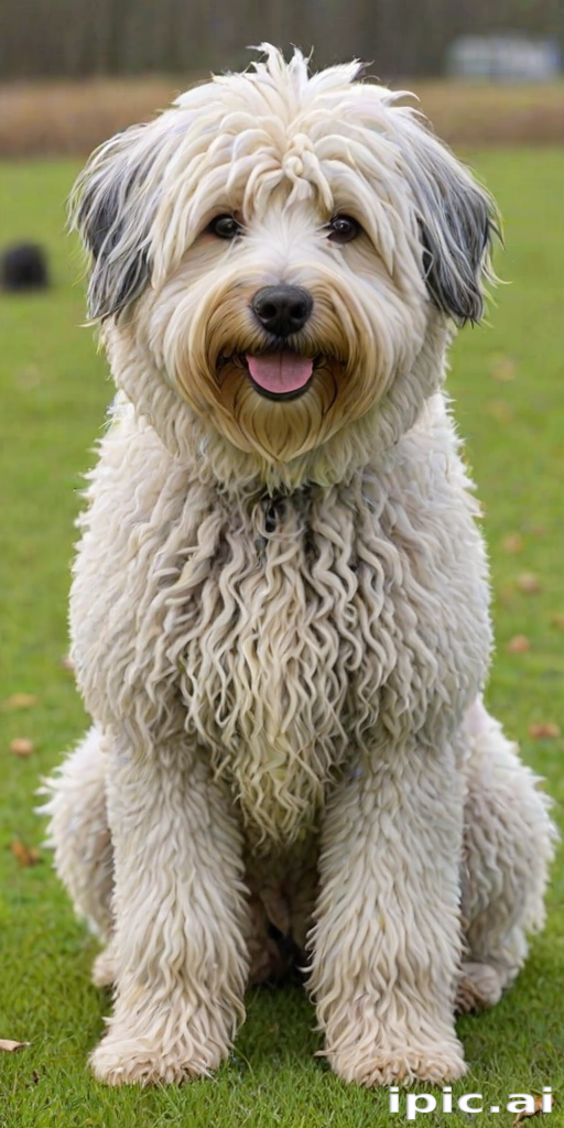 A Happy, Fluffy Dog Sitting Proudly on a Green Grass Field.