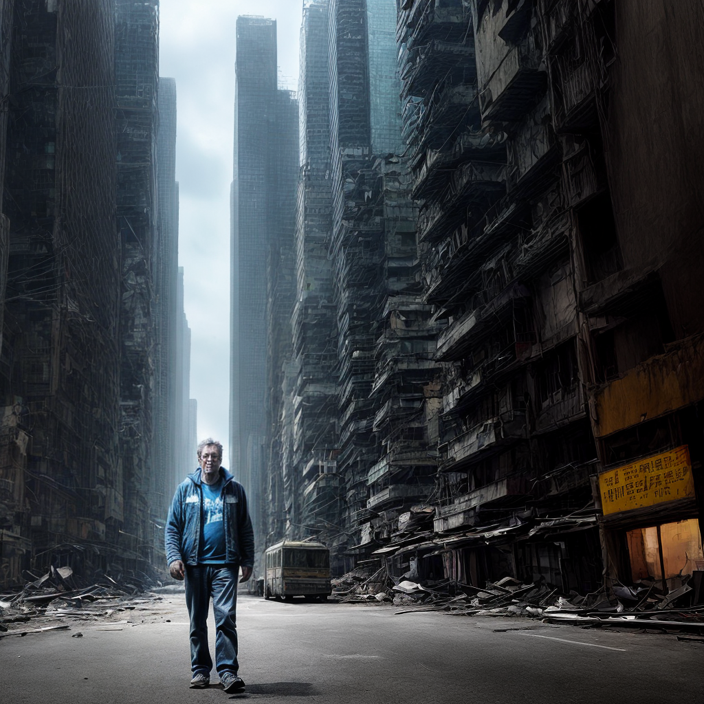 An exhausted, worn out man alone, facing the camera in a dilapitated ...