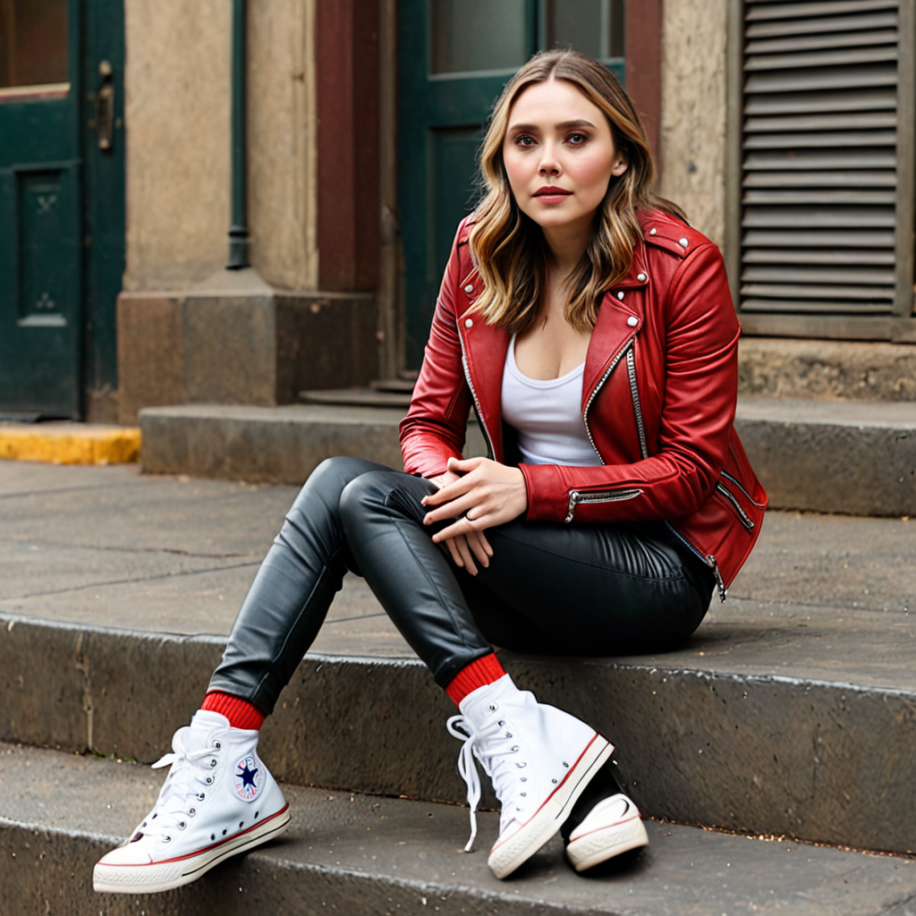 Mcu Elizabeth Olsen Wanda Maximoff Sitting in Her black leather suit ...