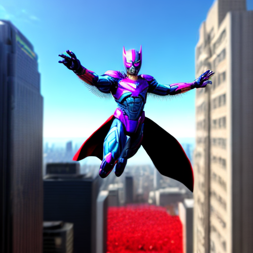 Bionic in a superhero thing flying into a city