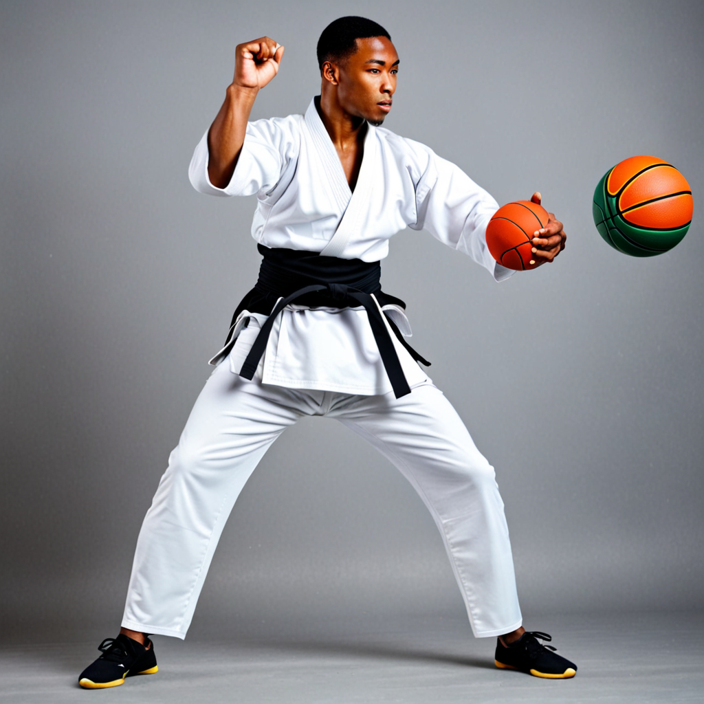 black martial artist doing karate and basketball