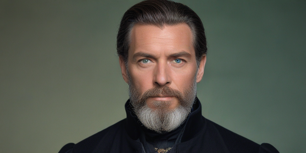 Masculine Elder Tudor Duke, black greying hair & beard green eyes