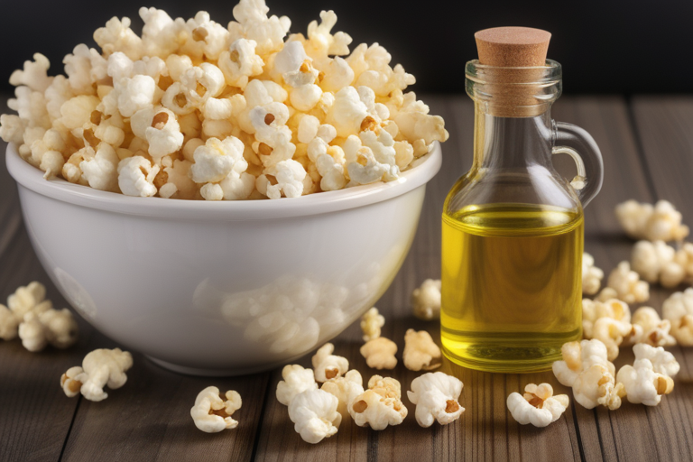 Deliciously Fresh Popcorn in a Bowl with a Bottle of Oil