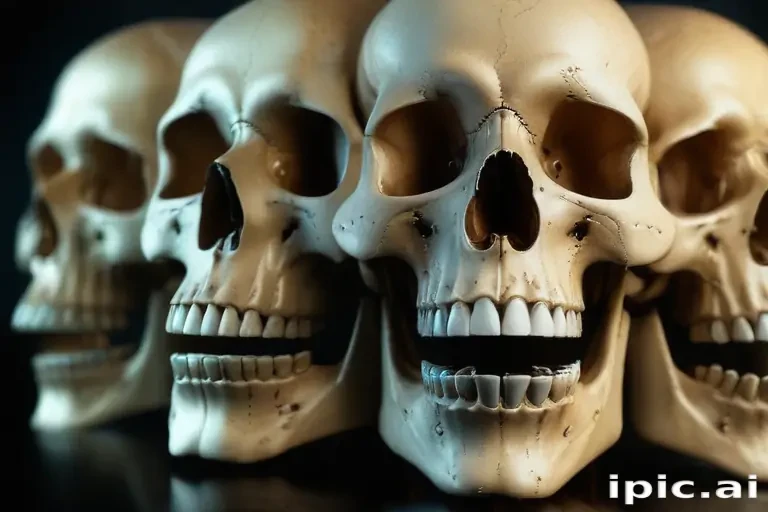 Close-Up of Four Realistic Human Skulls Displayed in a Row