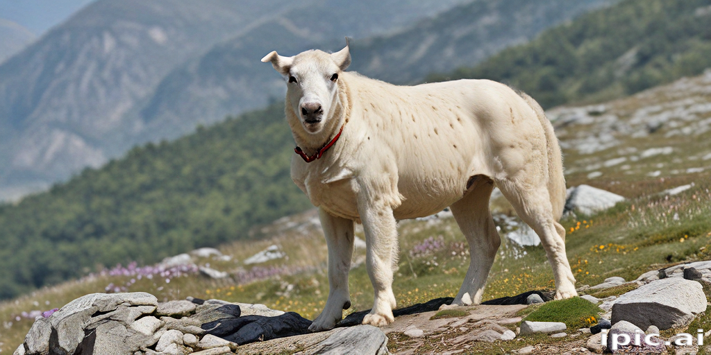 A Majestic White Sheep Standing Proudly in a Scenic Mountain Landscape.