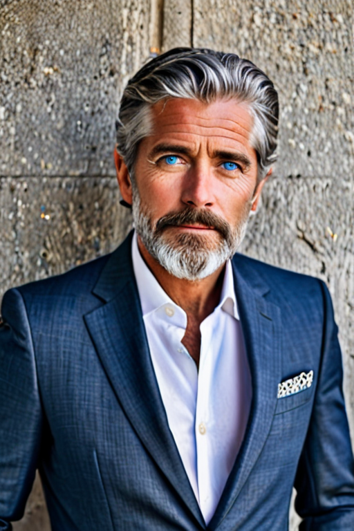 man gray hair beard in suit blue eyes