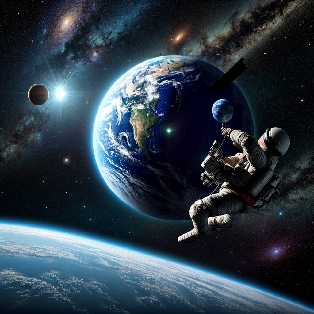 An extreme long shot of an astronaut holding a tiny planet in his lap ...