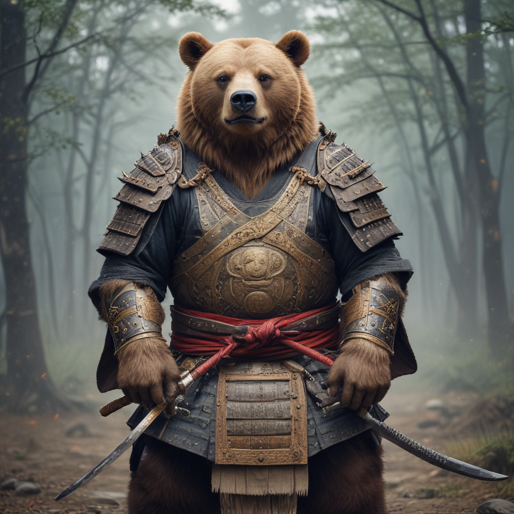 A samurai bear holding a warlords head