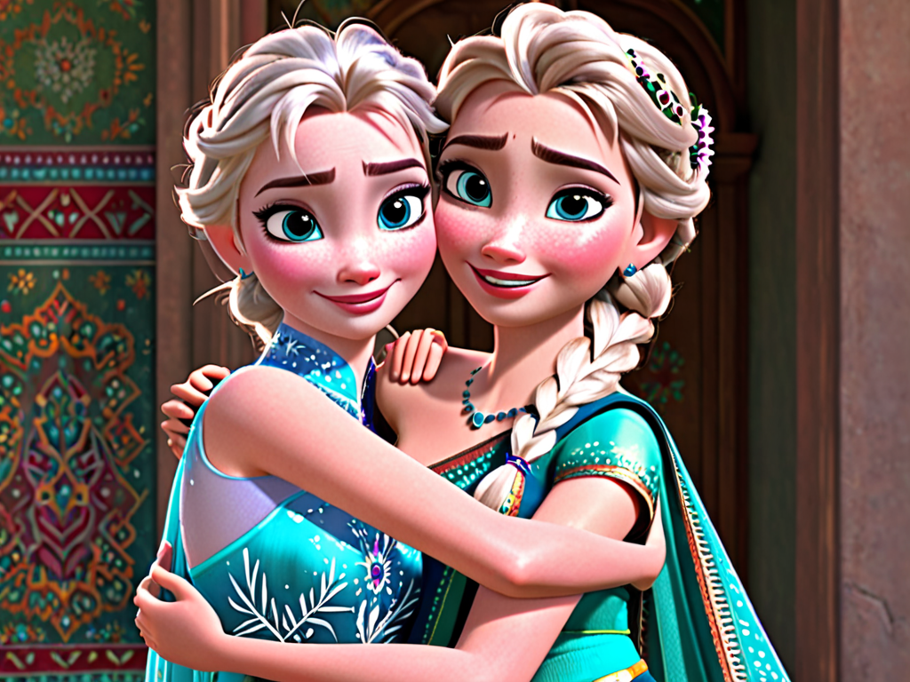 Elsa hug Anna in saree indian smile frozen disney smile look at camera ...