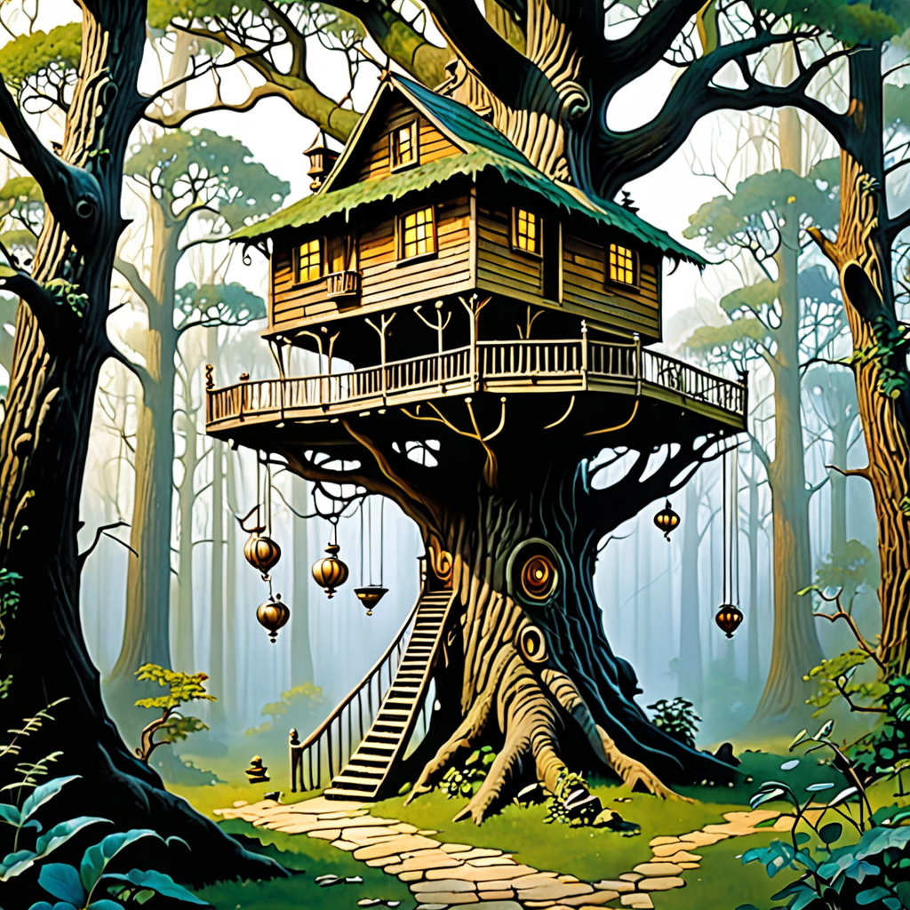 A treehouse in a mystical forest surrounded by magical trees and ...