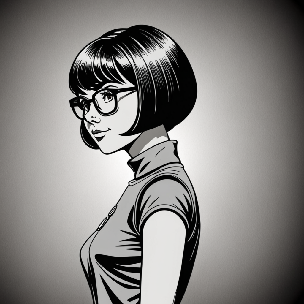 Velma Dinkley fron cartoon Scooby-Doo line art. Profile view.