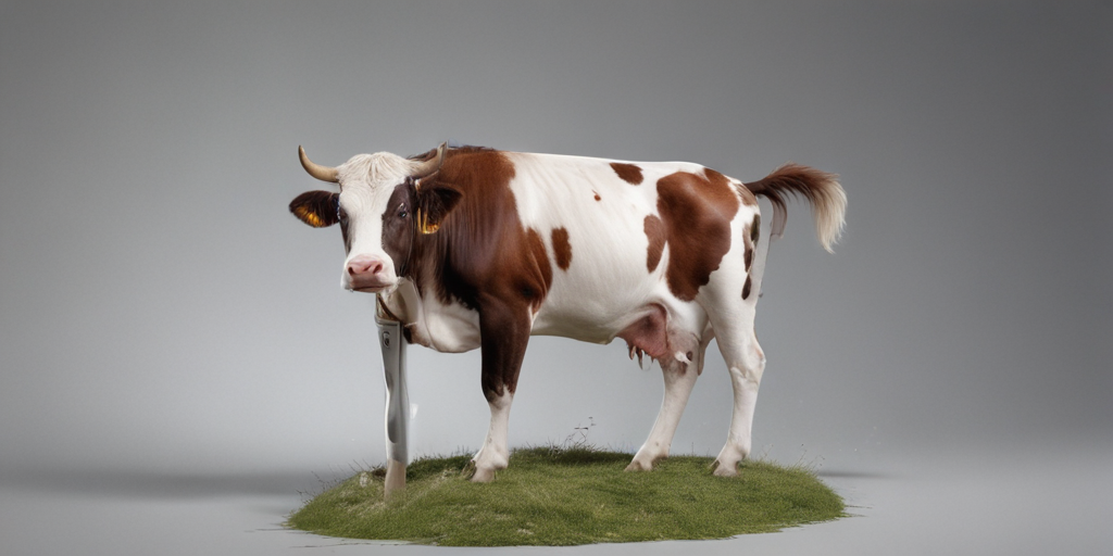 Realistic Cow Standing on Grass with a Unique Prosthetic Leg