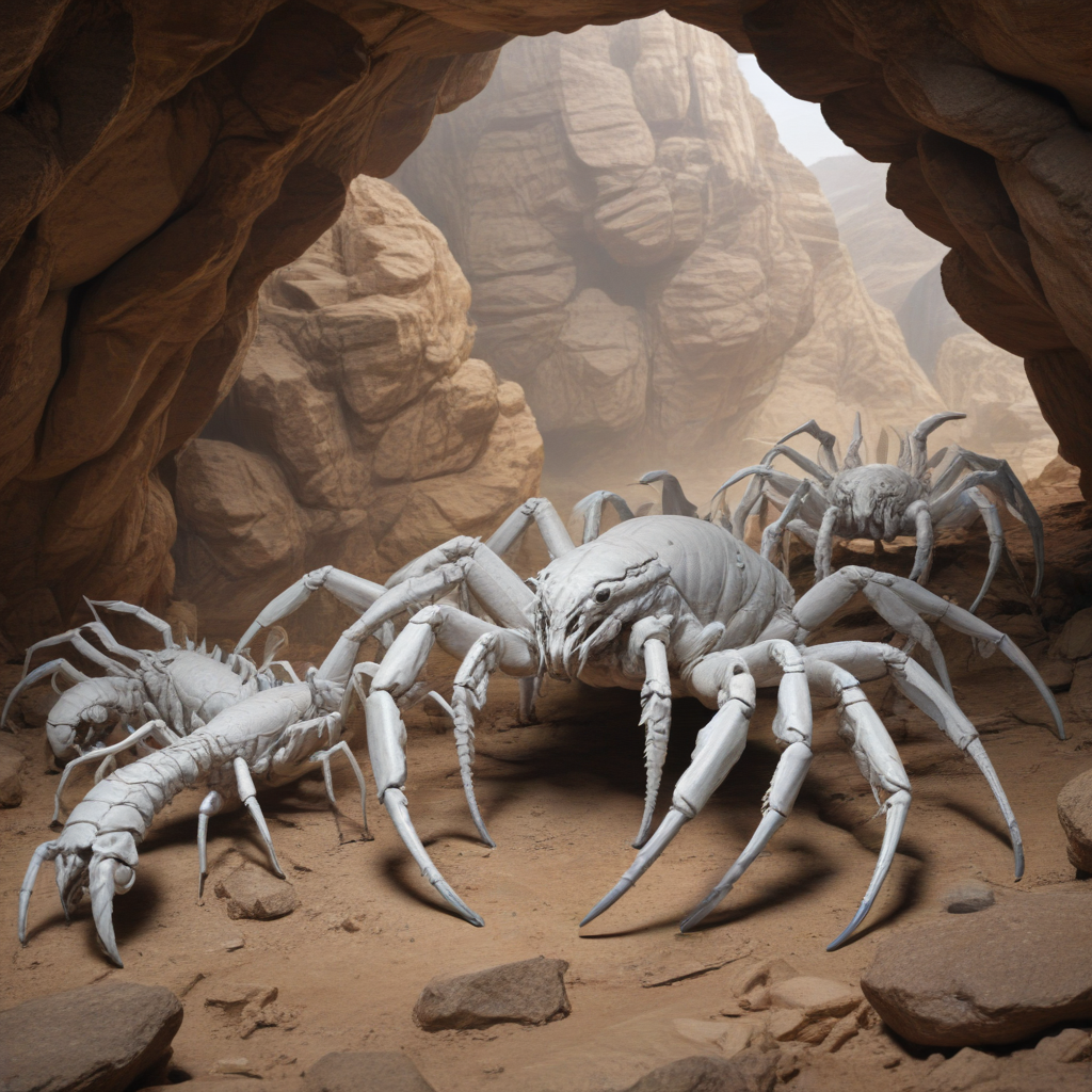 group of white scorpions, in stone cave, fantasy, concept art