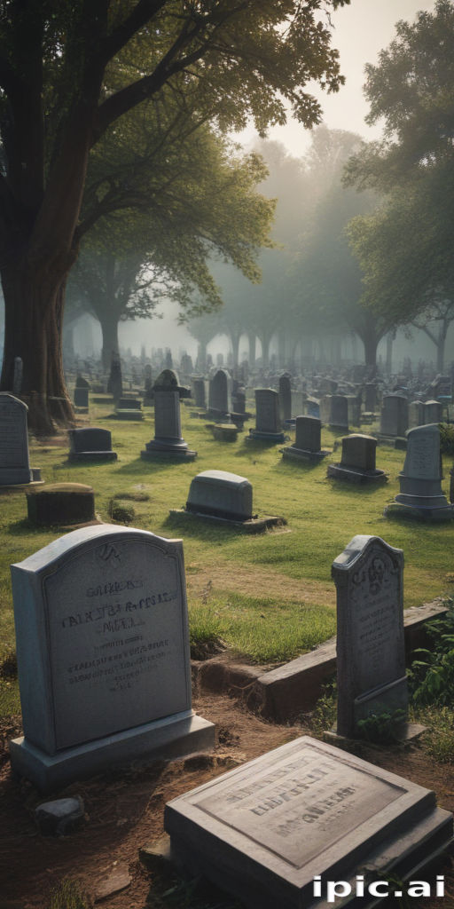 A Tranquil Cemetery Scene at Dawn Surrounded by Ancient Trees and Mist.