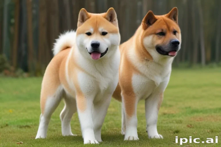 Two Playful Akita Dogs Enjoying a Day in a Lush Green Park
