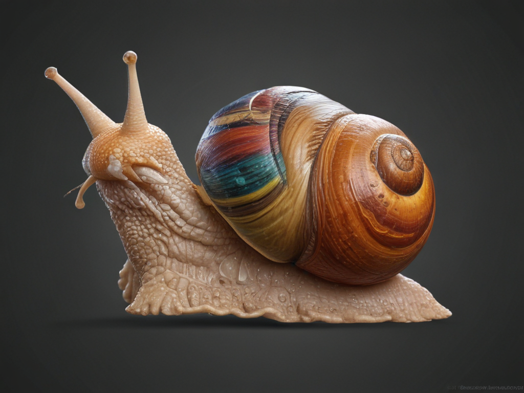 Colorful Snail with Vibrant Shell Crawling on a Dark Background