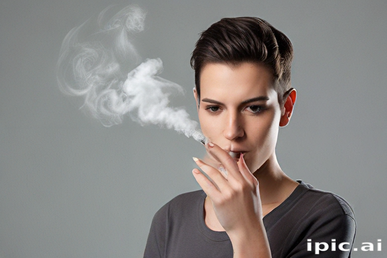 Contemplative Portrait of a Young Person Exhaling Smoke in a Studio