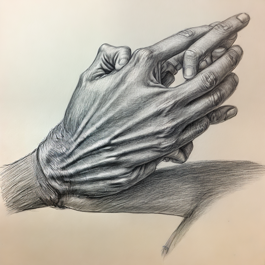 a drawing of a hand drawing itself, in pencil, on a sheet of paper.