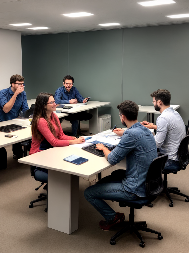 five people are frantically working in the room on a marketing campaign ...