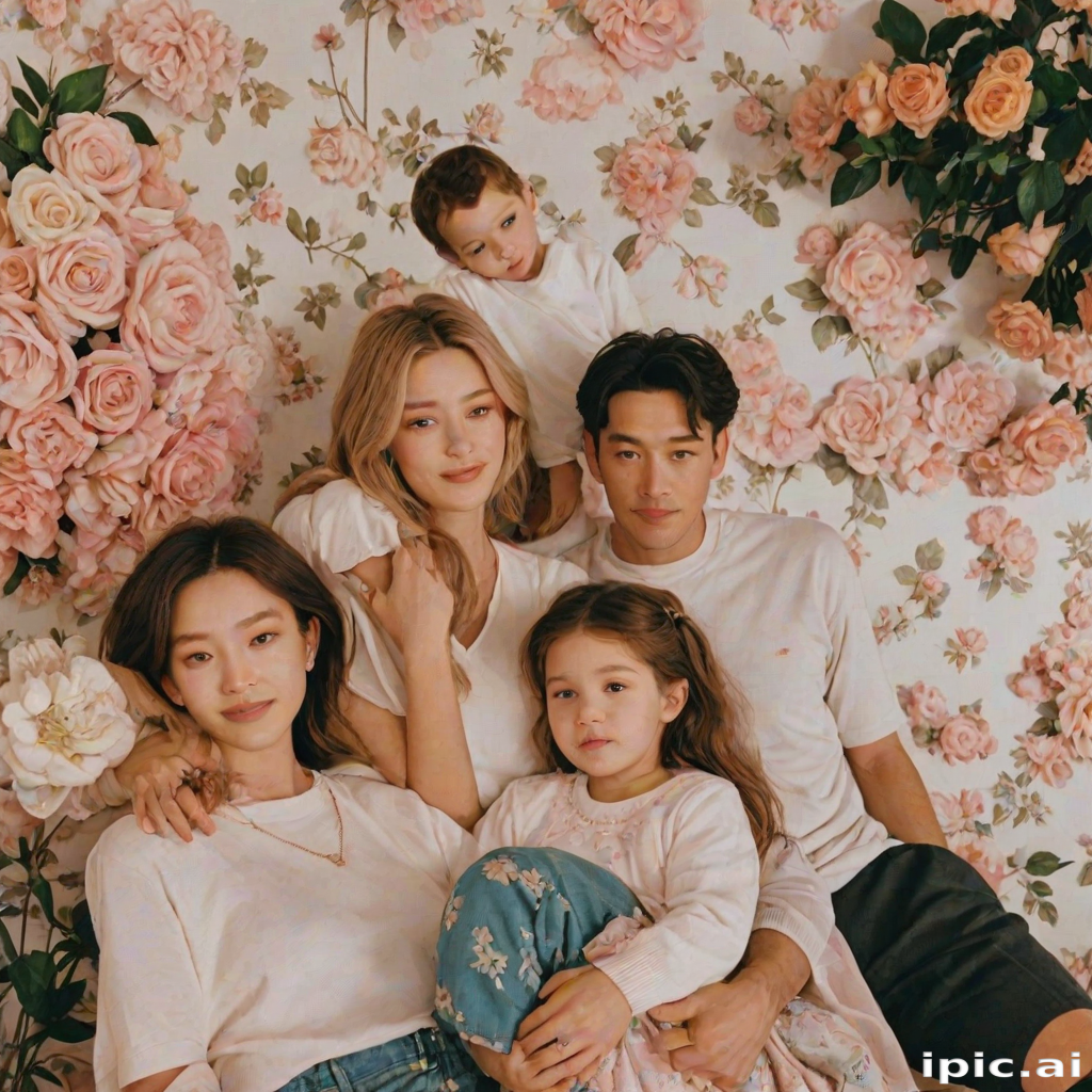 Family Portrait Surrounded by Beautiful Floral Background with Joyful ...