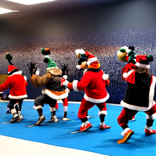 santa exercising with elves and reindeer in north pole