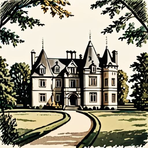 sketch drawing of an ancient manor house with towers