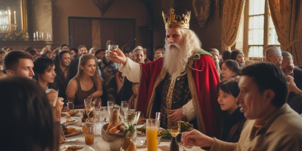 old king in a feast drinking with a lot of people
