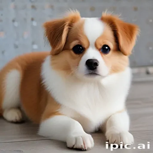 Adorable Fluffy Puppy with Big Eyes Relaxing on a Wooden Floor.