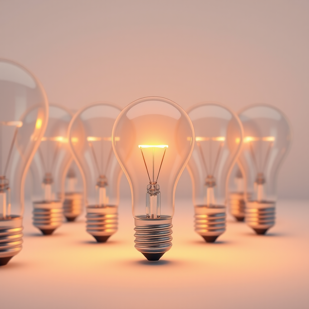 Create a high-resolution 3D render of a row of light bulbs with one ...