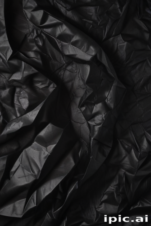Textured Black Fabric with Deep Creases and Shadows Creating Visual Depth.